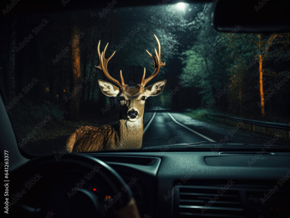 Deer crossing the road during the night, view from inside vehicle ...