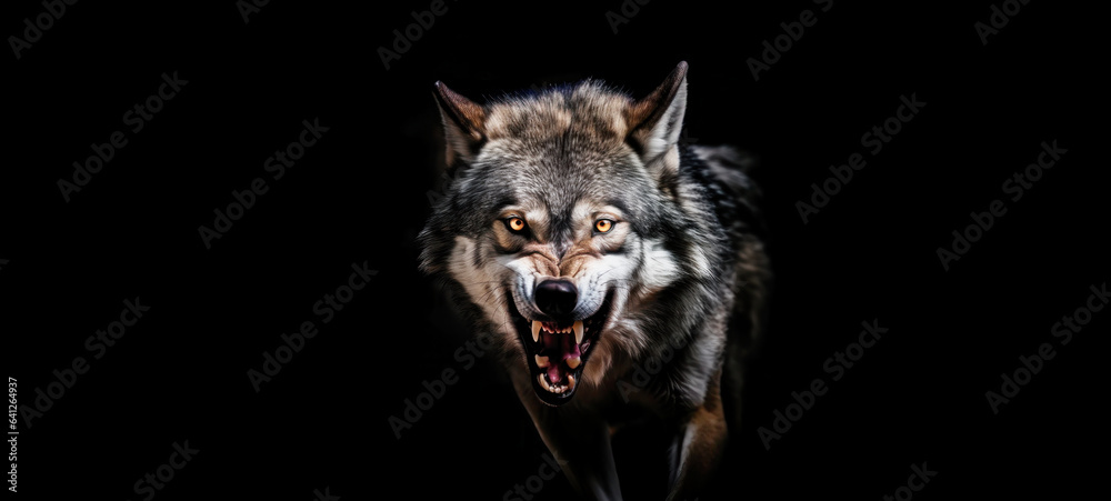Scary dark gray wolf (Canis lupus), direct eye contact in the dark ...