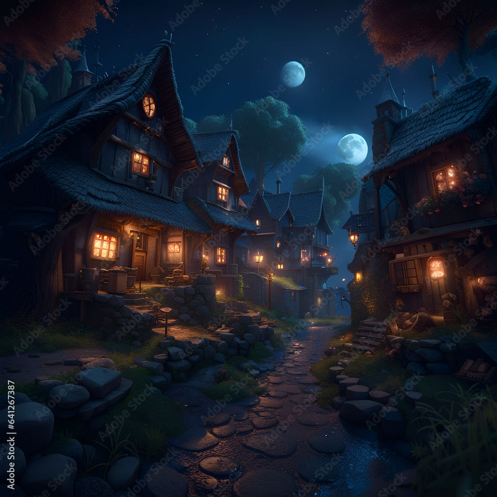 Night over charming medieval street in old town. Old cozy tudor half ...