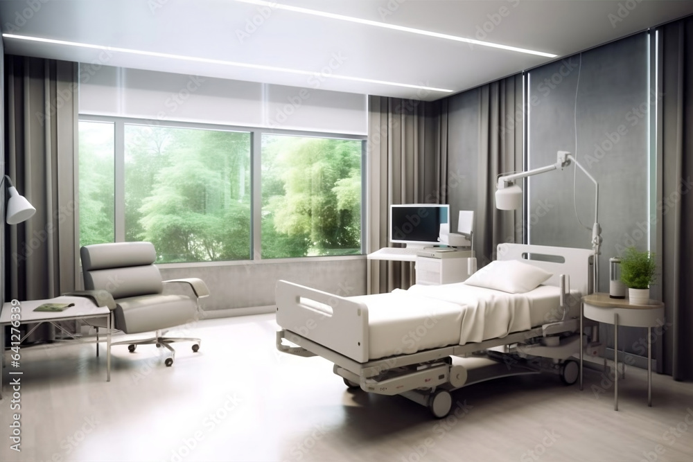 ภาพประกอบสต็อก Patient room interior design, grey colored modern luxury ...