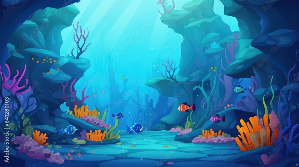 Cartoon underwater landscape for game level map with sea coral house ...