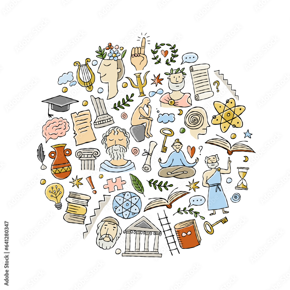 Philosophy concept art, hand-drawn philosophers and elements. Circle ...