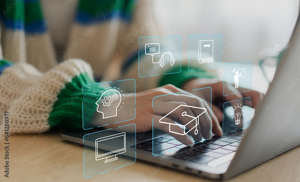 Human use laptop technology internet learning and study online class ...