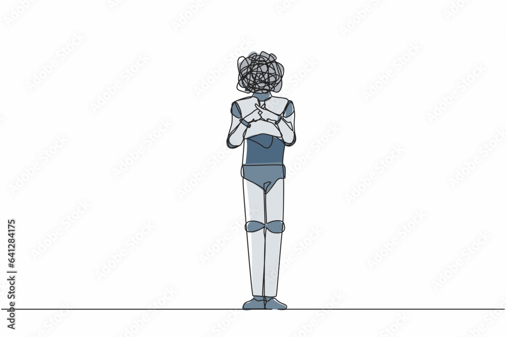 Single one line drawing robot with round scribbles instead of head ...