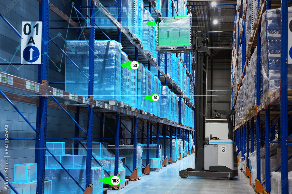 Digitalization, user interface to control processes. Warehouse with ...