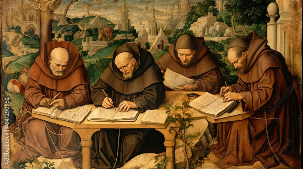 Medieval monks transcribing manuscripts in a monastery Stock ...