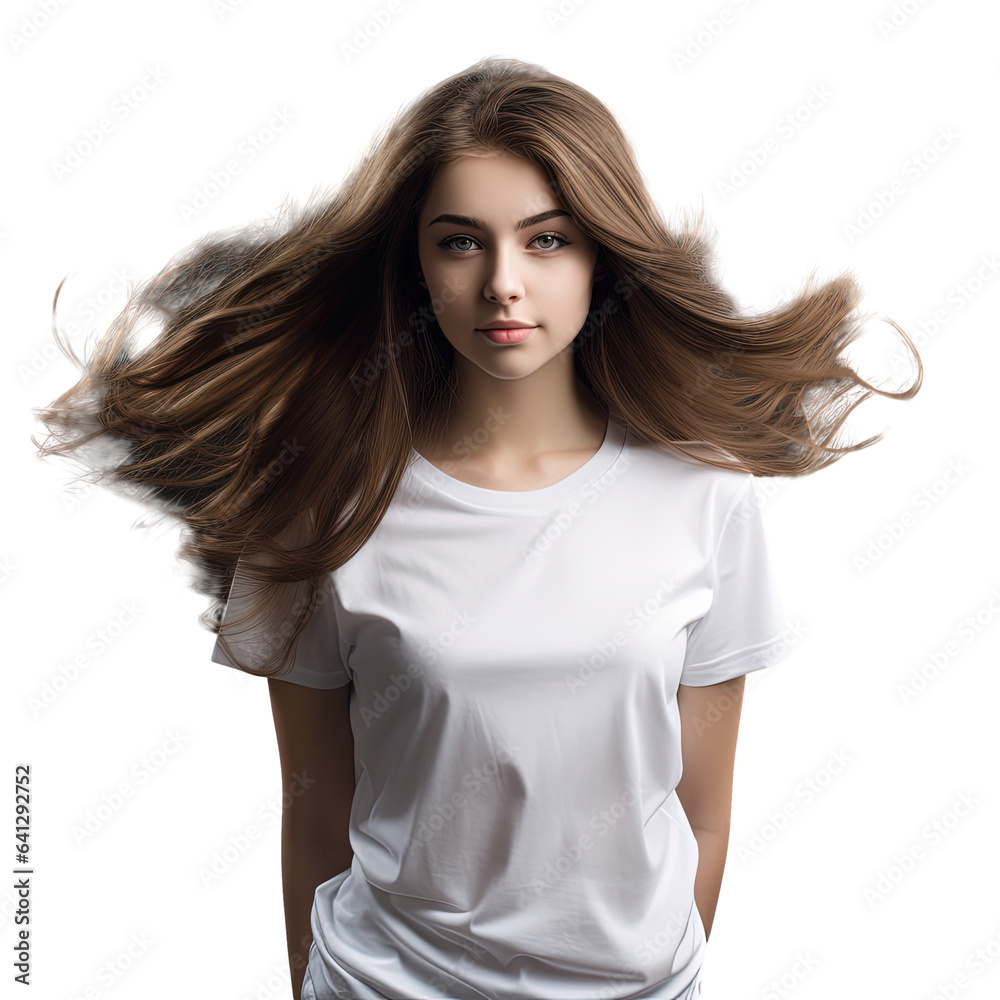 Attractive girl in white tee with long hair set against transparent ...