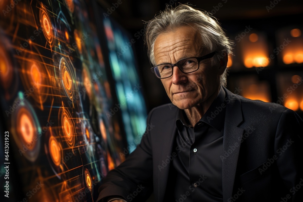 Portrait of a data analyst, an elderly man in glasses and black ...