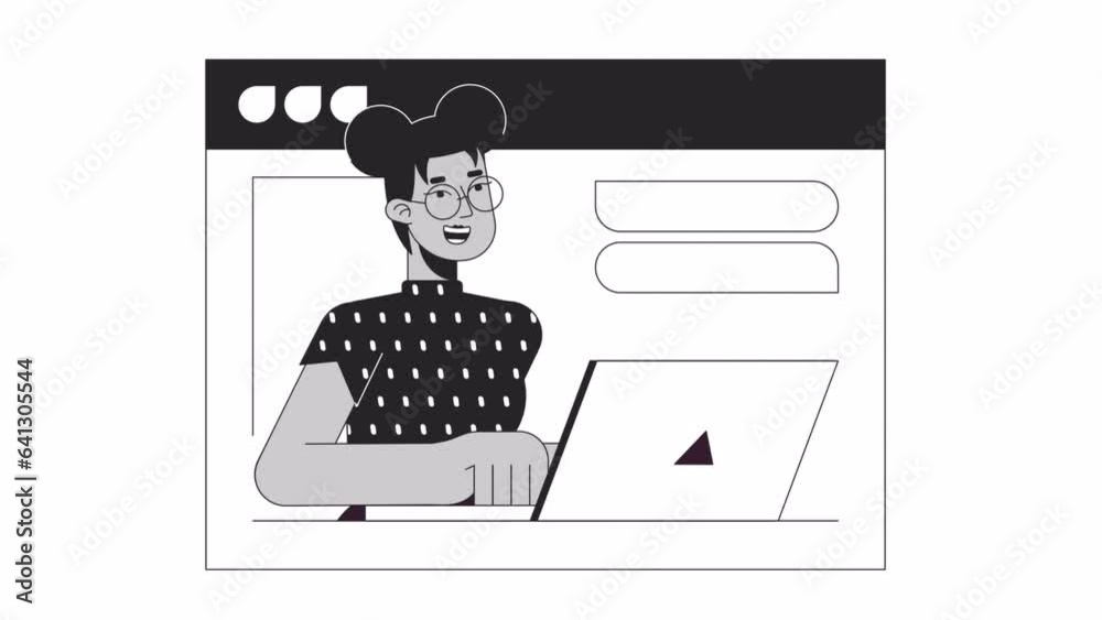 Black woman on web meeting bw outline 2D animation. African american ...