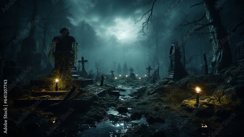 Dark tombstone marks spooky grave of old night horror. Generative AI ...