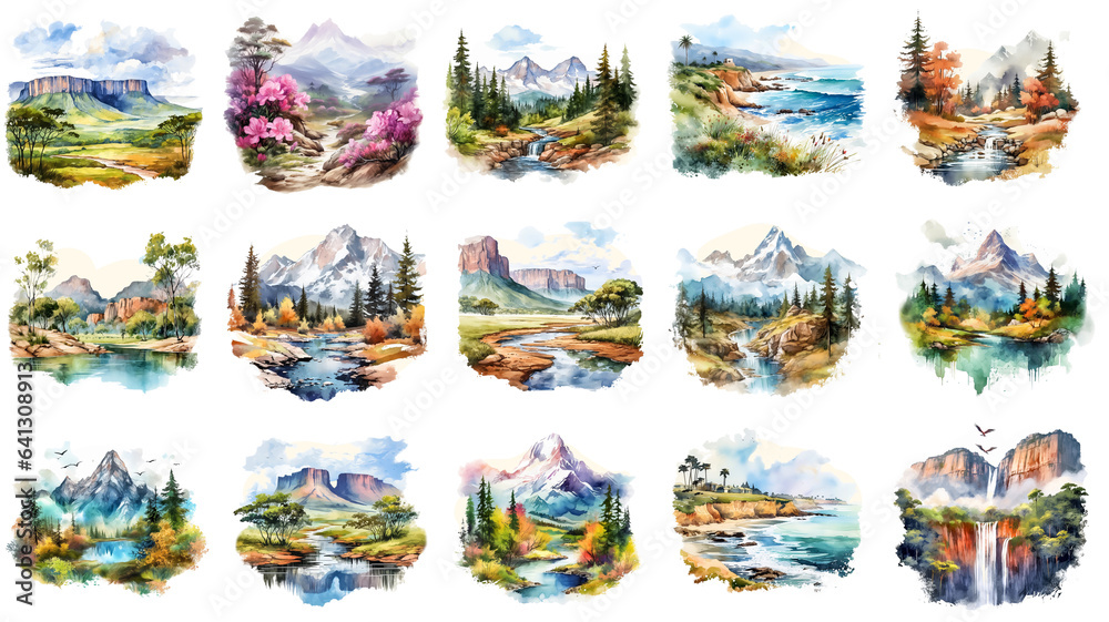 Landscape clipart set, watercolor paintings of mountains and rivers ...