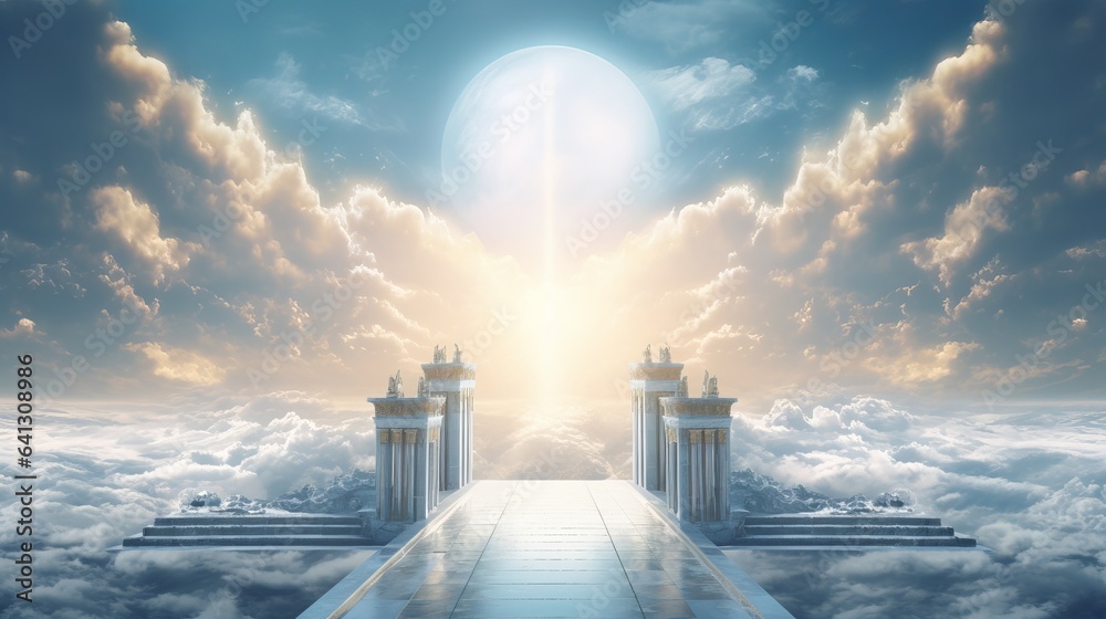 A painting of the opening of the heavenly doors, with the light of ...