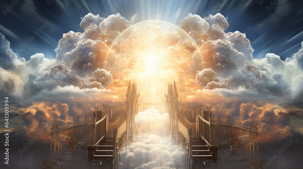 A painting of the opening of the heavenly doors, with the light of ...