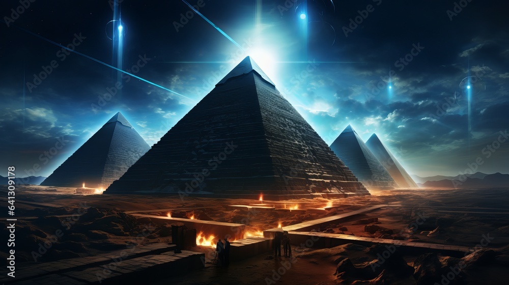 At night, this future desert environment contains Egyptian pyramids ...