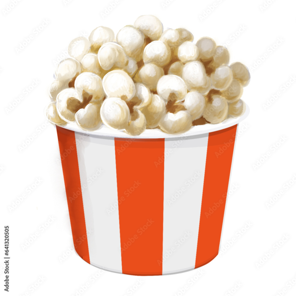 Lush appetizing popcorn in a large striped bucket in a wide strip ...