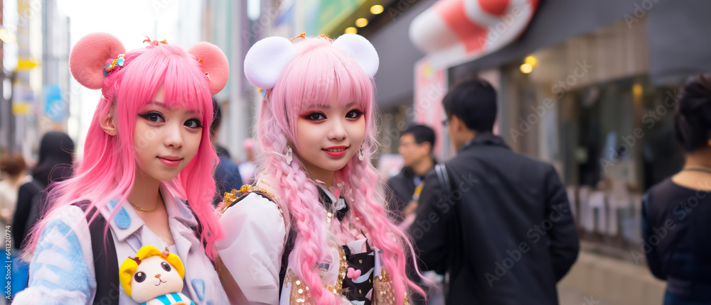 Girls dressed as anime characters or Harajuku, pose at a cosplay ...