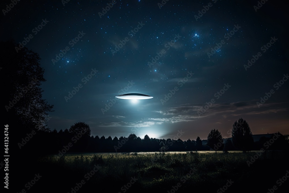 World UFO day. A mysterious night sky with a bright unidentified flying ...