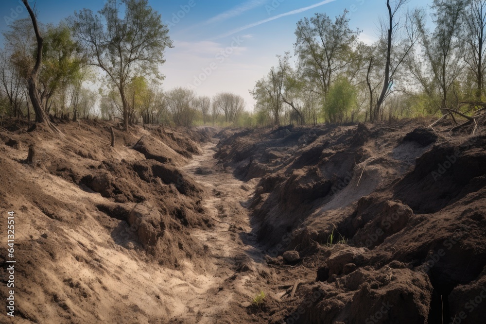 A deforested landscape with barren trees and soil erosion. The ...
