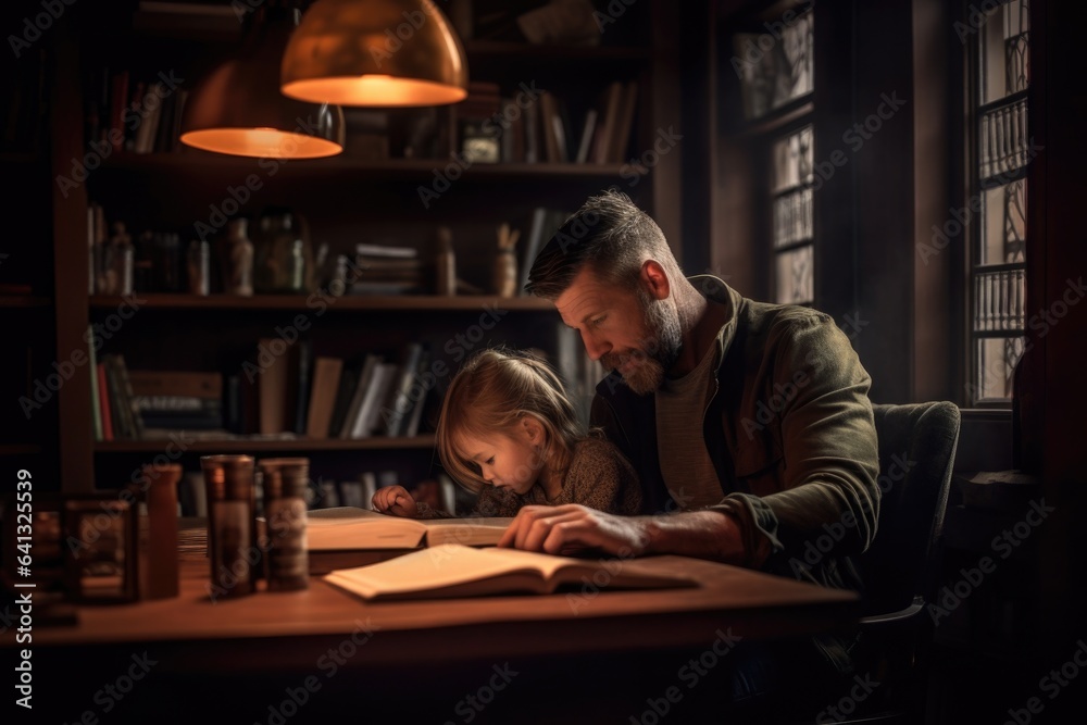 Dad and child spend time together reading book in a cozy corner of a ...