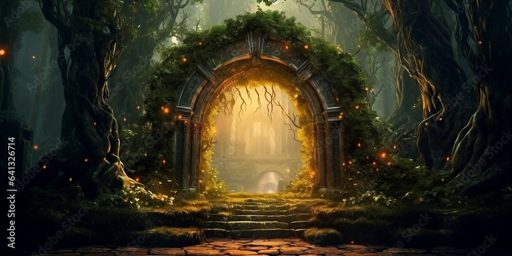 Spectacular fantasy scene with a portal archway covered in creepers. In ...