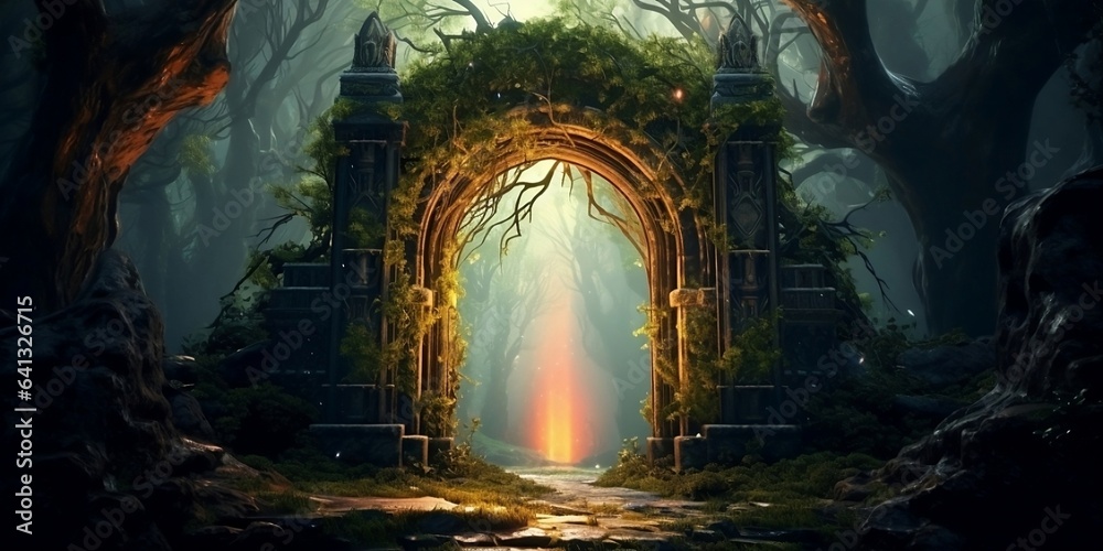 Spectacular fantasy scene with a portal archway covered in creepers. In ...