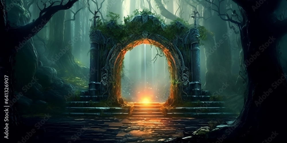 Spectacular fantasy scene with a portal archway covered in creepers. In ...