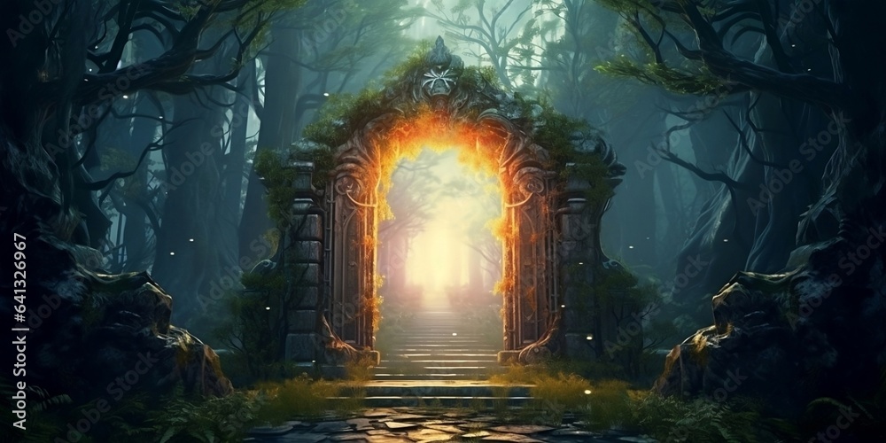Spectacular fantasy scene with a portal archway covered in creepers. In ...