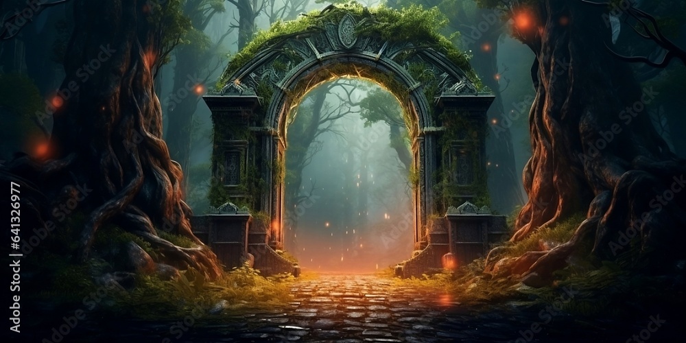 Spectacular fantasy scene with a portal archway covered in creepers. In ...