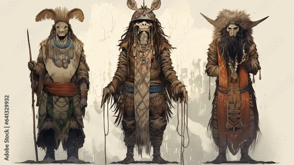 a set of traditional costumes from various ancient cultures and tribes ...
