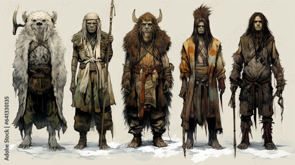 a set of traditional costumes from various ancient cultures and tribes ...