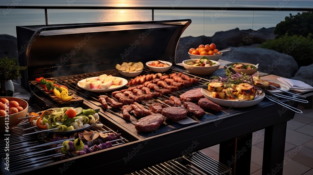 a barbecue sizzling on a grill, set on a balcony that offers ...