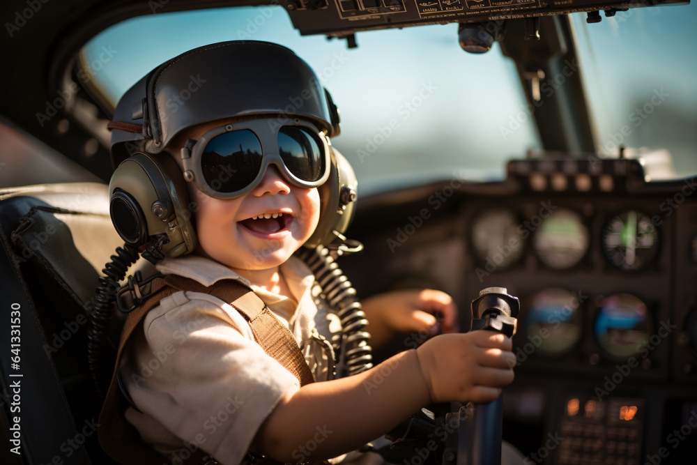 Child airplane captain or child pilot sits inside the cockpit. Smile ...
