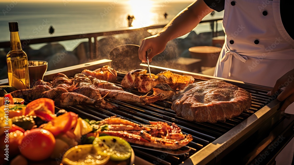 a barbecue sizzling on a grill, set on a balcony that offers ...