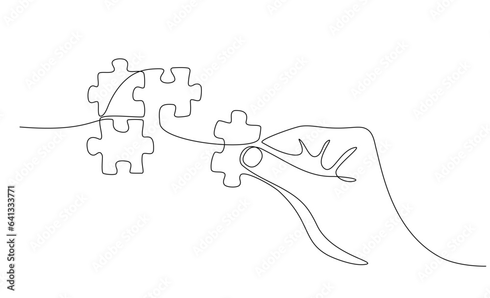 Continuous line drawing of hand solving puzzle pieces, jigsaw. One line ...