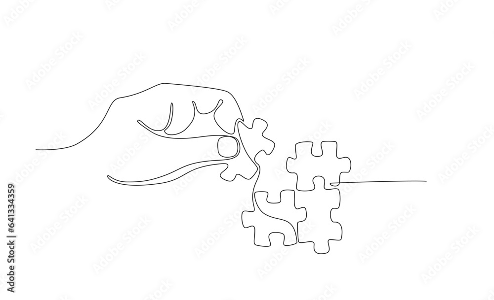 Continuous line drawing of hand connecting jigsaw puzzle. One line ...