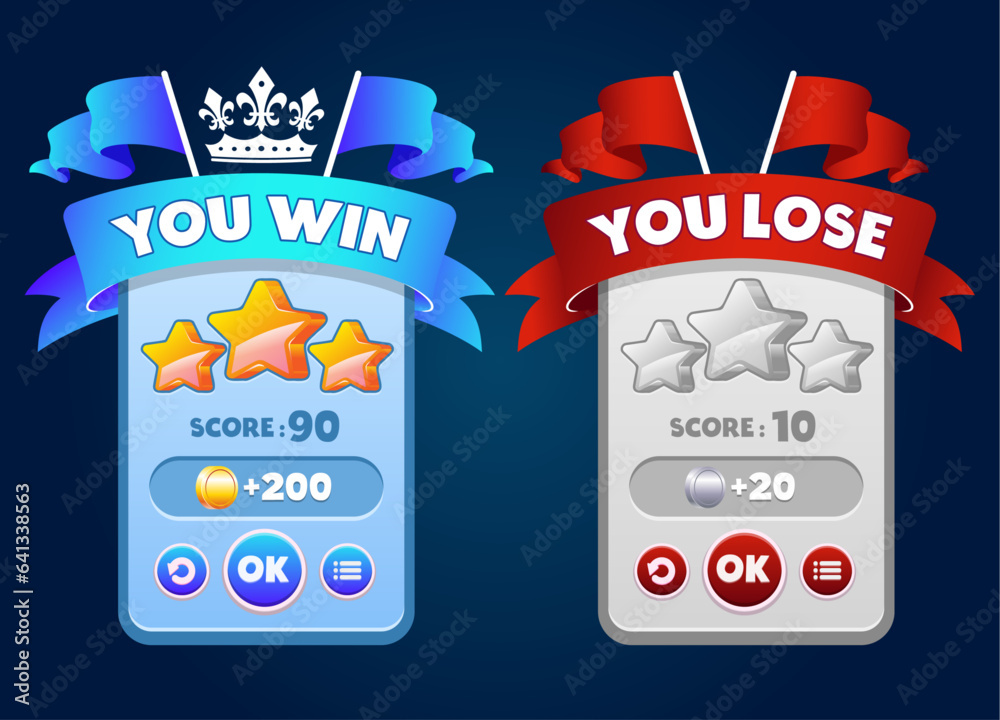 Game UI Board With Scores, WinLose Banners, Stars, gold coin, silver ...