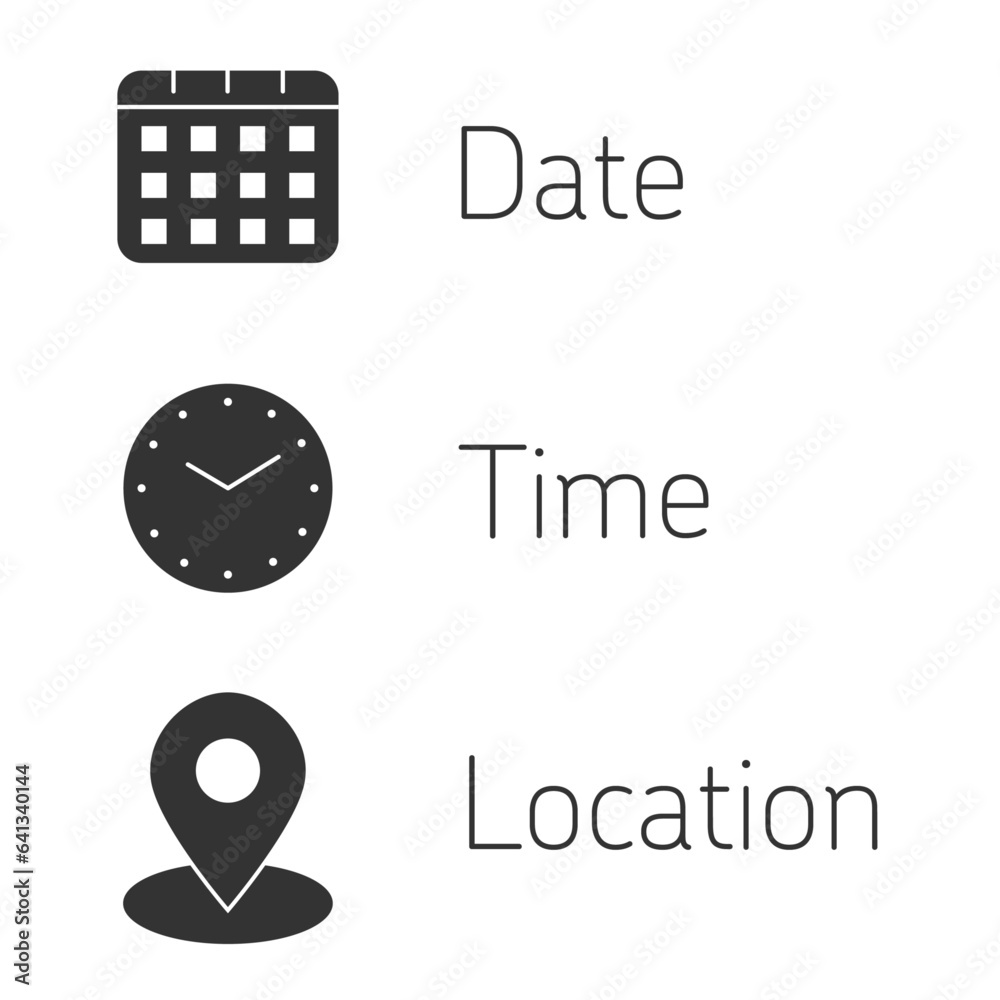 Date, time, location address icon set. Calendar clock, time, address ... Date, time, location address icon set. Calendar clock, time, address ...