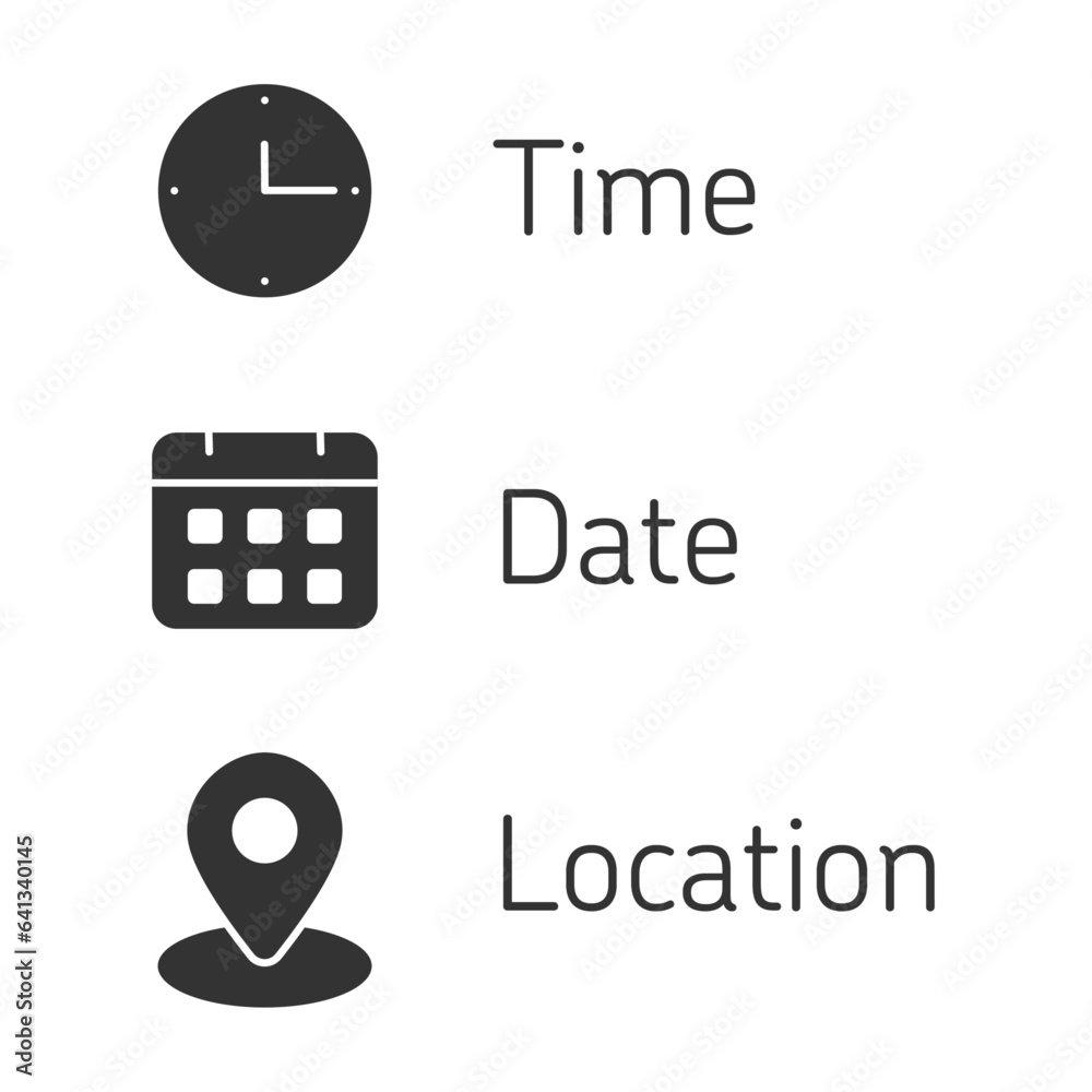 Time, date, location address icon set. Calendar clock, time, address ... Time, date, location address icon set. Calendar clock, time, address ...