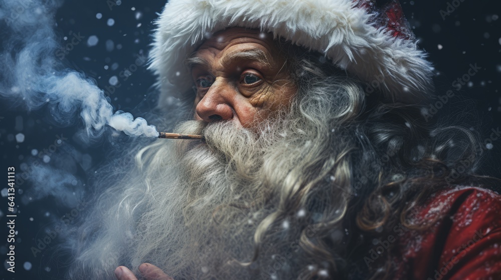 Santa Claus in a red hat smoking a cigarette outdoors. Santa smoking a ...