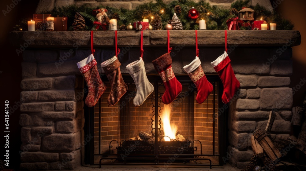 Beautiful Christmas socks over a fireplace. Many Colorful Christmas ...