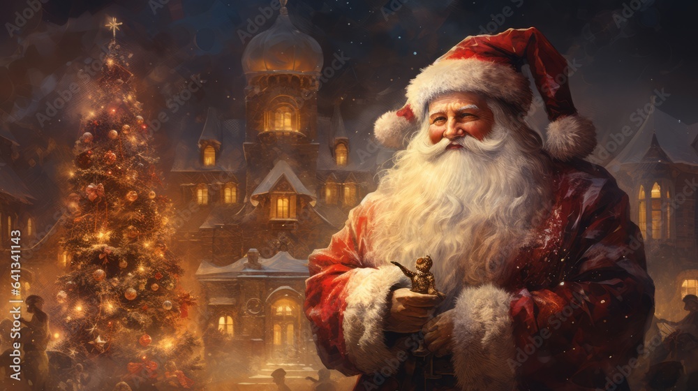 Santa Claus in a red hat walking through the night town. Santa ...