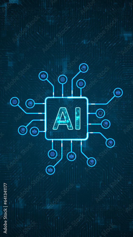 Blue digital AI assistant logo and HUD technology circuit board with ...