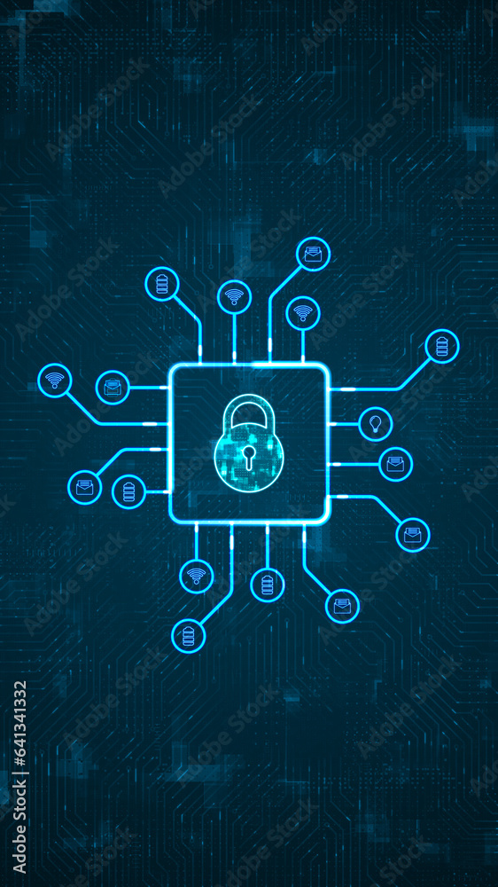 Blue digital security key logo and HUD technology circuit board with ai icon and data transfer ...