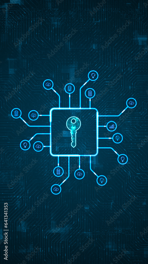 Blue digital security key logo and HUD technology circuit board with ai icon and data transfer ...