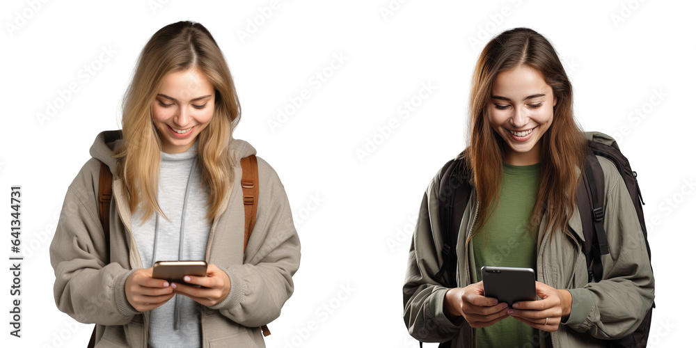 Happy white girl on transparent background using her phone prepared for ...