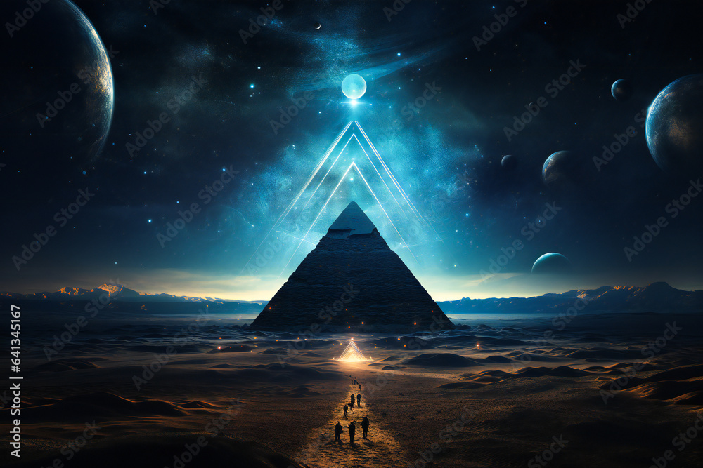 Pyramid surrounded by planets in the night. Esoteric, ancient wisdom ...