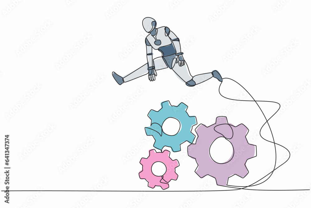 Single continuous line drawing robot jumping over big gears. Developing ...