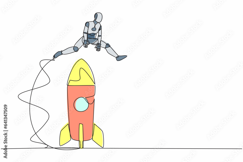 Single continuous line drawing robot jumping over big rocket ...