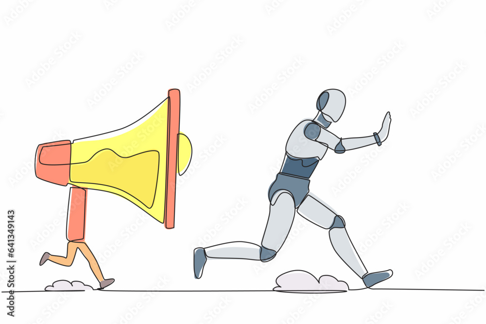 Continuous one line drawing stressed robot being chased by megaphone ...