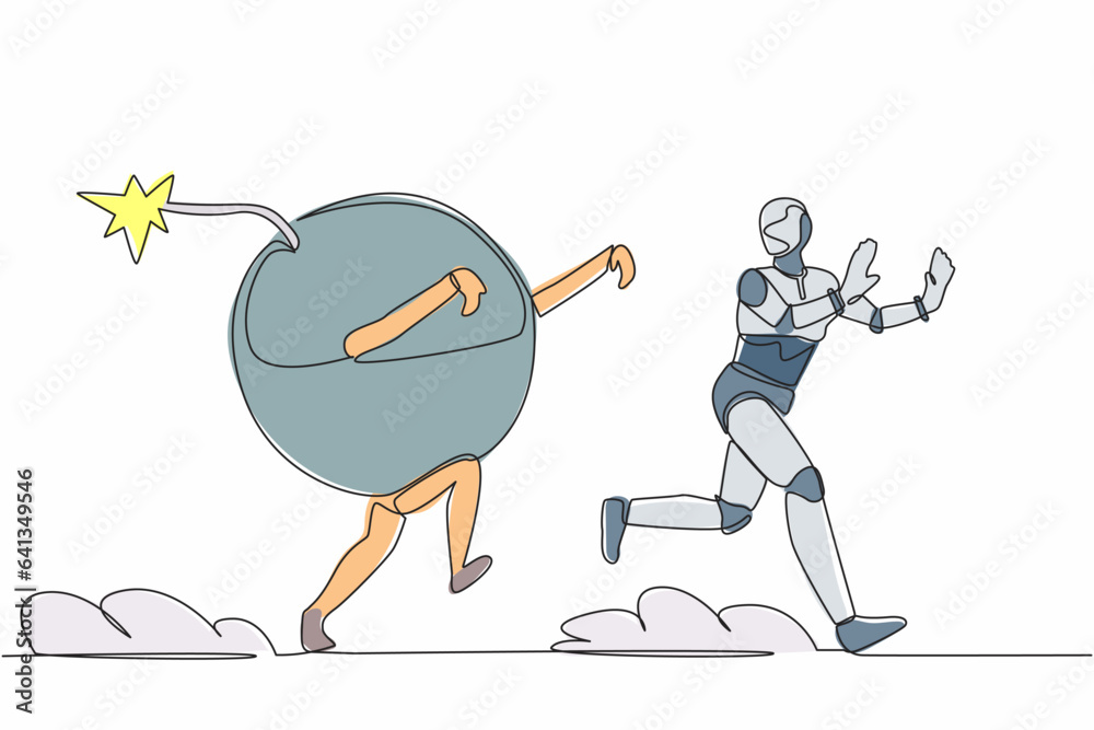 Single one line drawing stressed robot being chased by bomb. Afraid ...